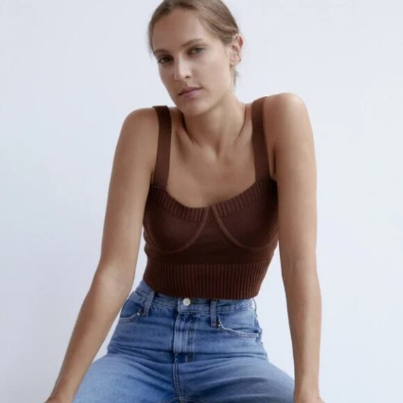 Zara | Tops | Zara Womens Brown Ribbed Knit Cropped Tank Top With ...